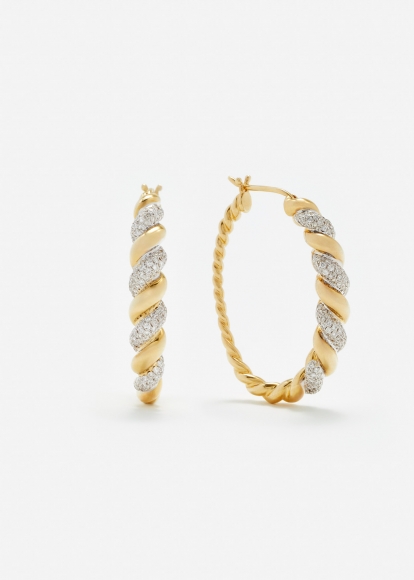 Pair of Hoops Mini Torsade - Orange enamel, diamonds and yellow gold ...